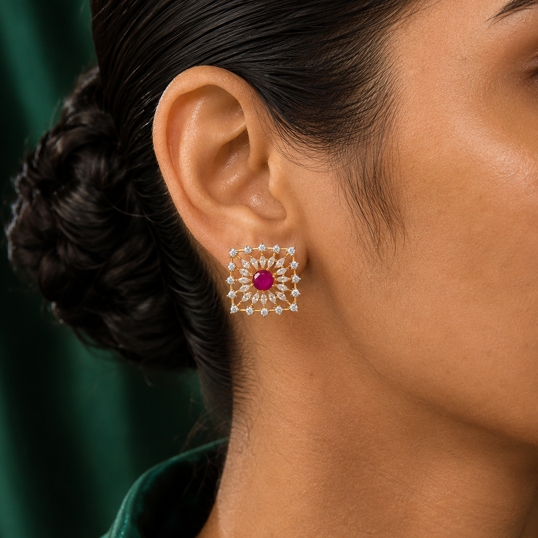 Ruby Halo Diamond Stud Earrings | Tvesha – TVESHA - For the women you ...